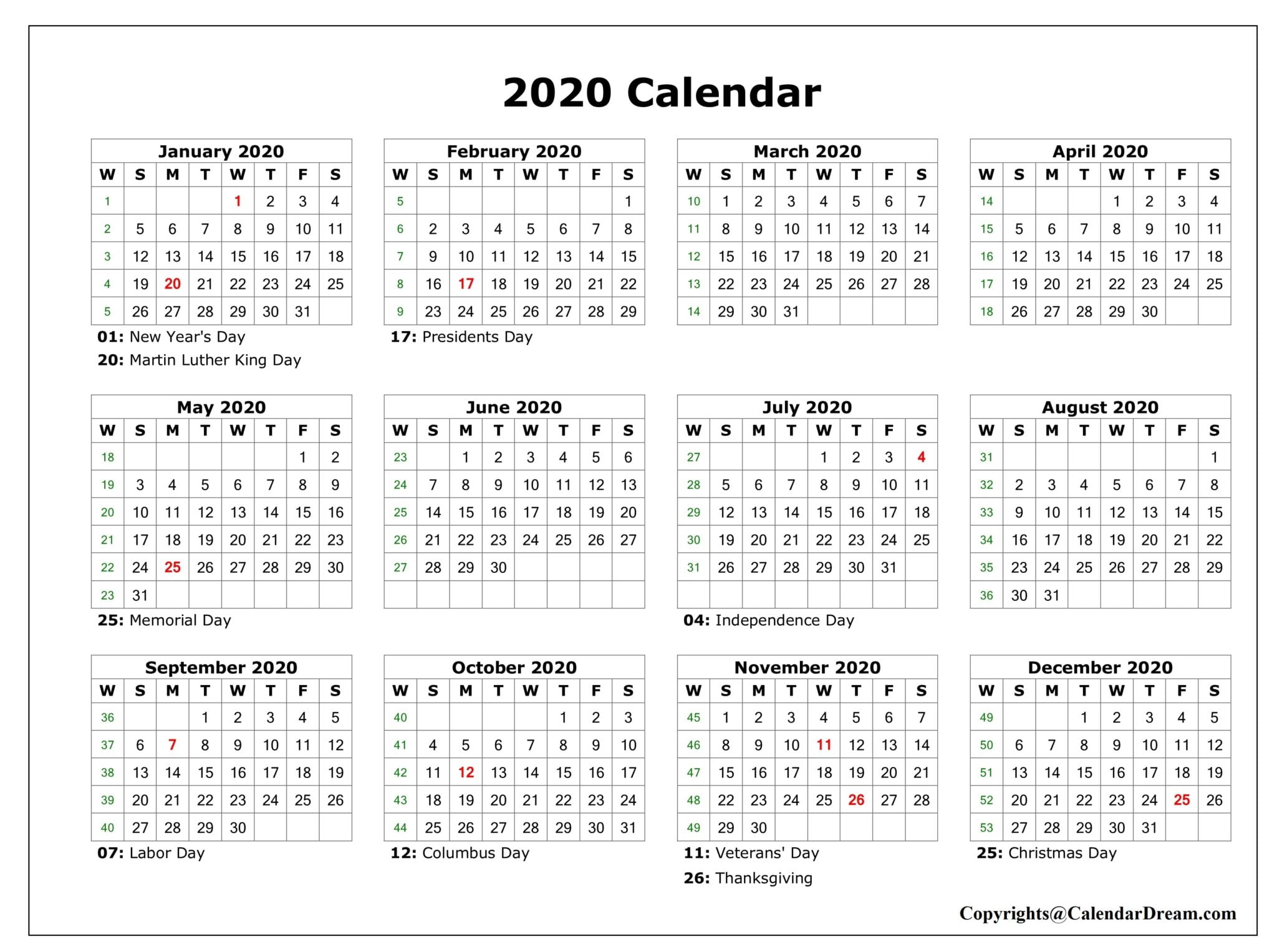 Editable 2020 Calendar