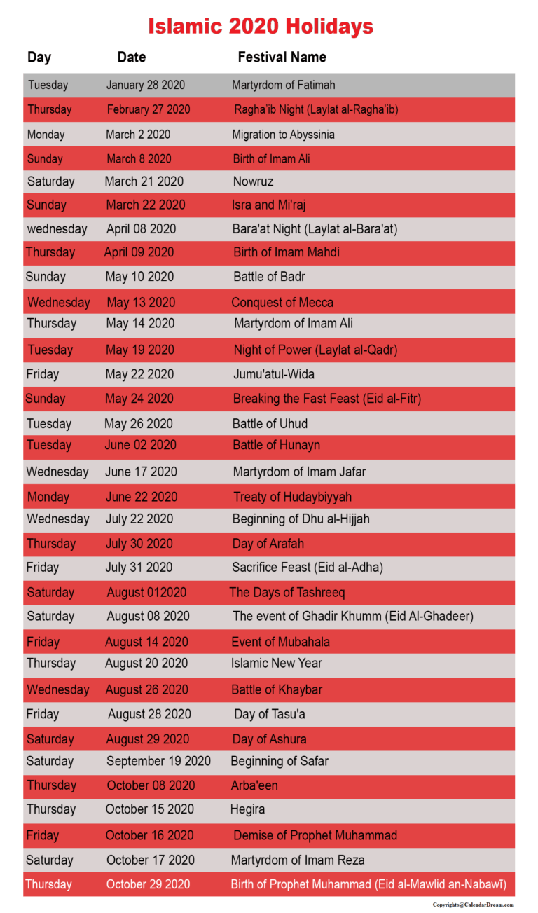 Islamic 2020 Calendar With Holidays