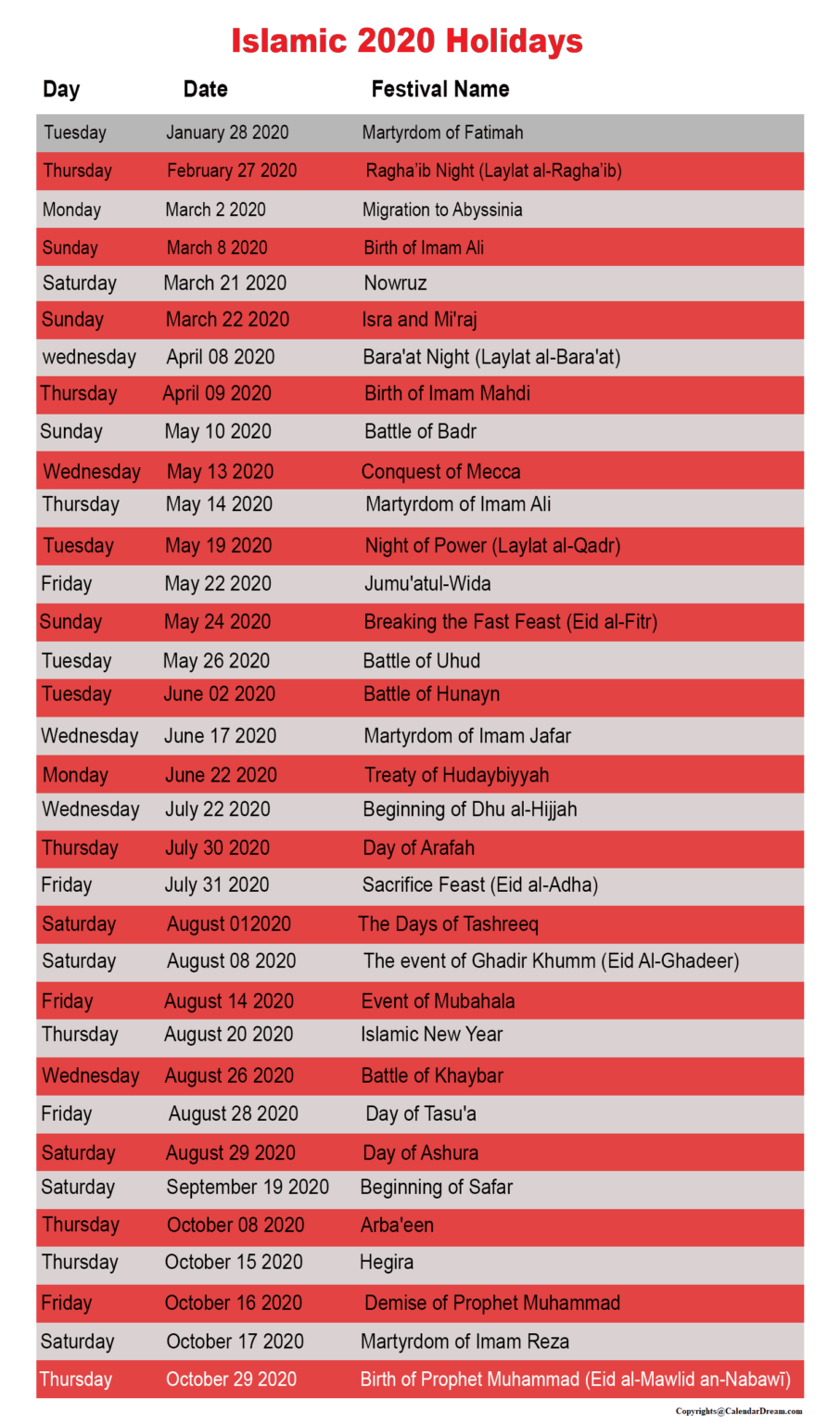 Islamic 2020 Calendar With Holidays