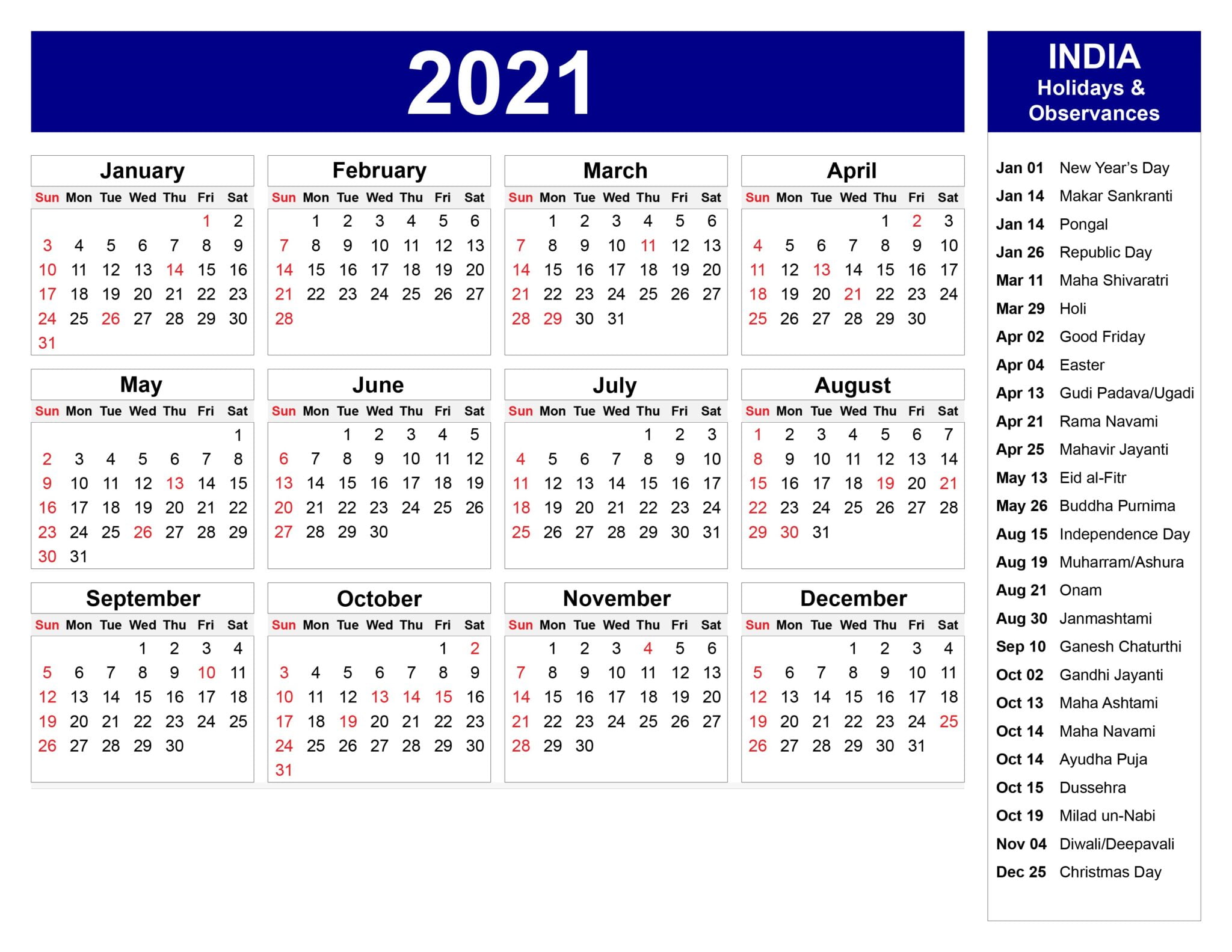 Indian 2021 Printable Calendar