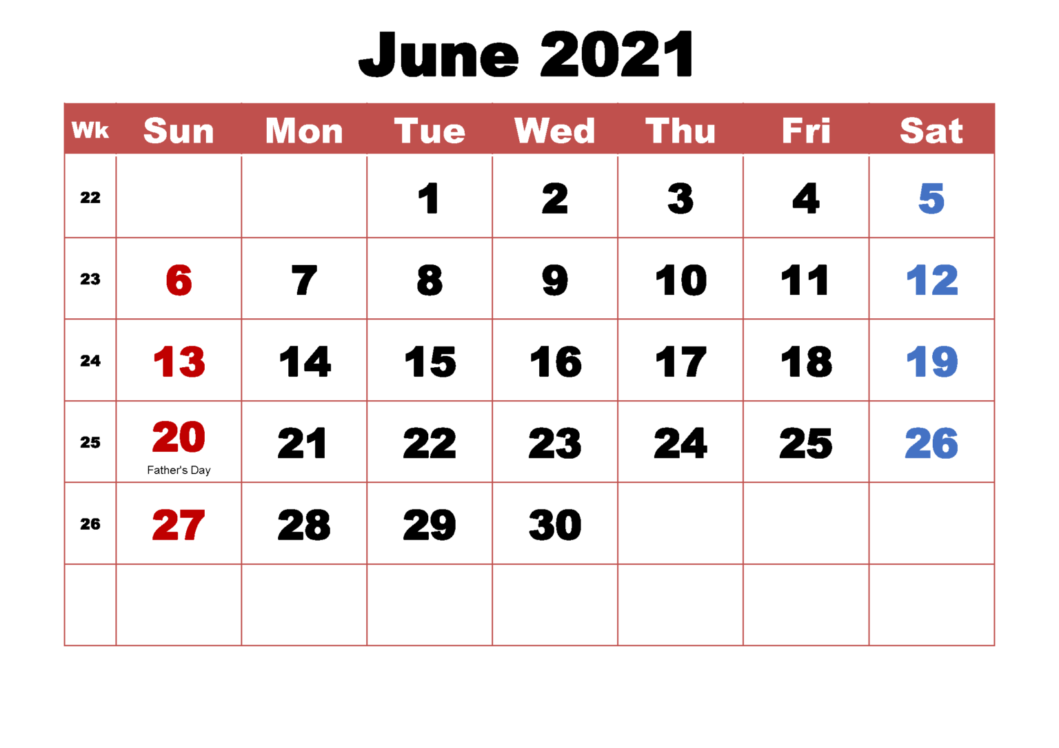 June 2021 Calendar With Holidays