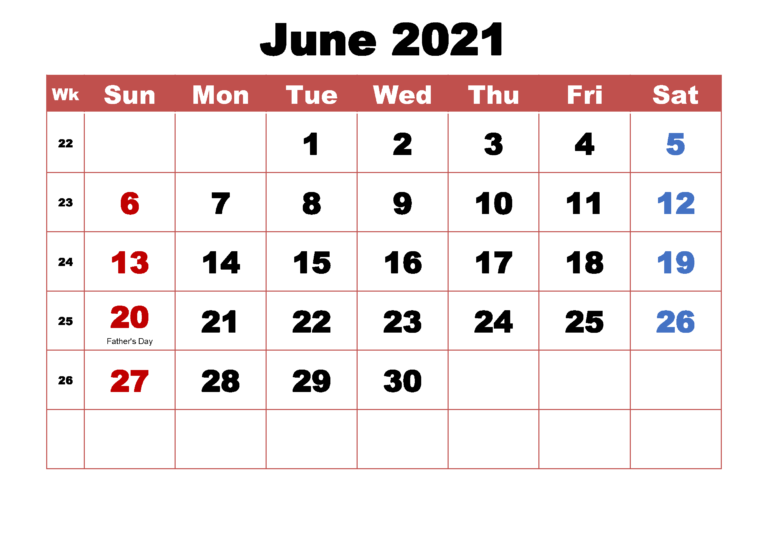 June 2021 Calendar With Holidays