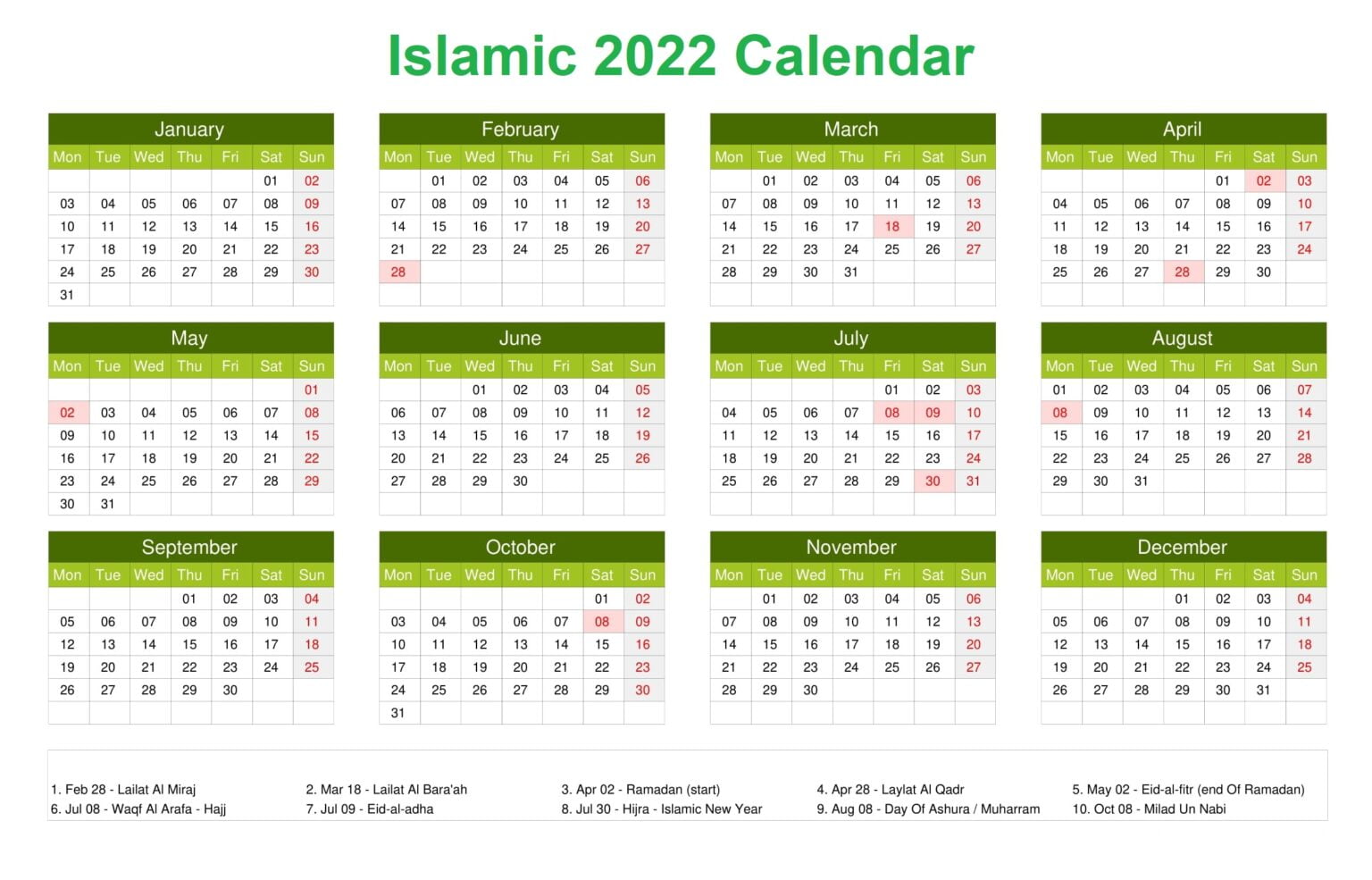 Printable Islamic 2022 Calendar In PDF | Hijri Calendar 1443