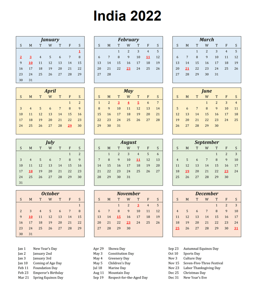 2022 Year At A Glance Calendar With India Holidays Free Printable 2022 Year At A Glance Calendar With India Holidays Free Printable