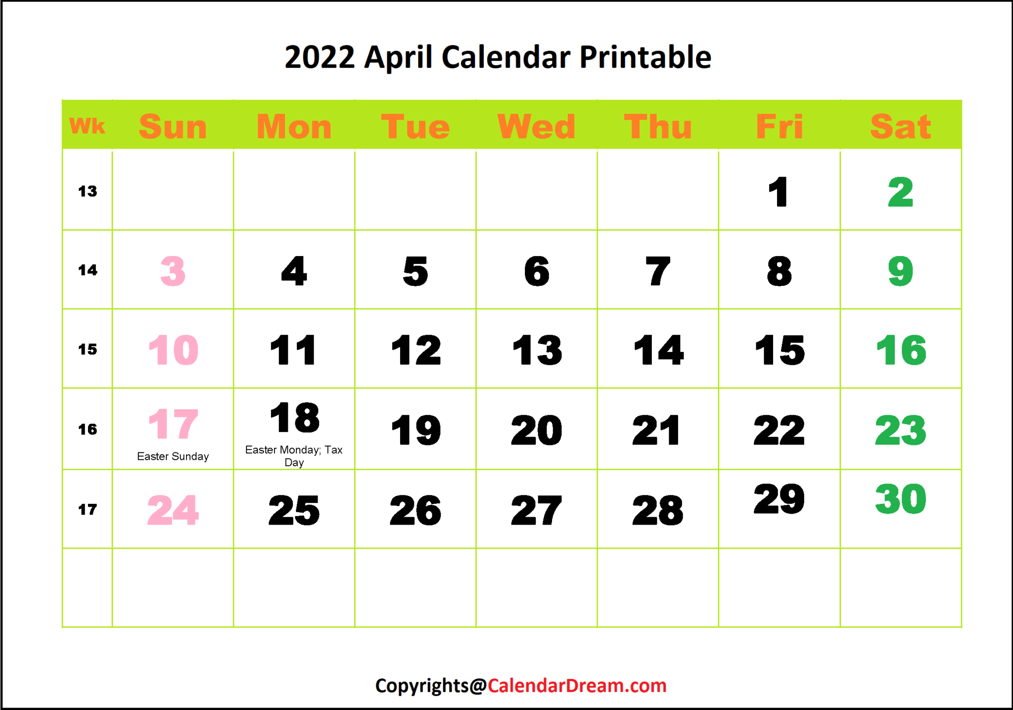 2022 April Calendar Printable PDF