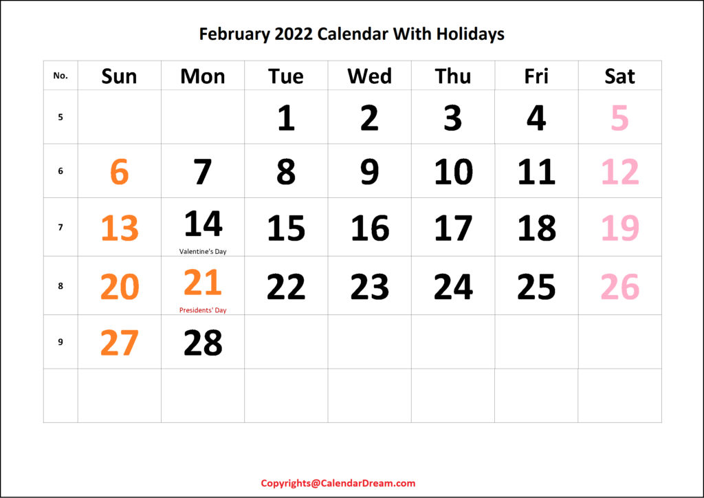 February 2022 Calendar With Holidays