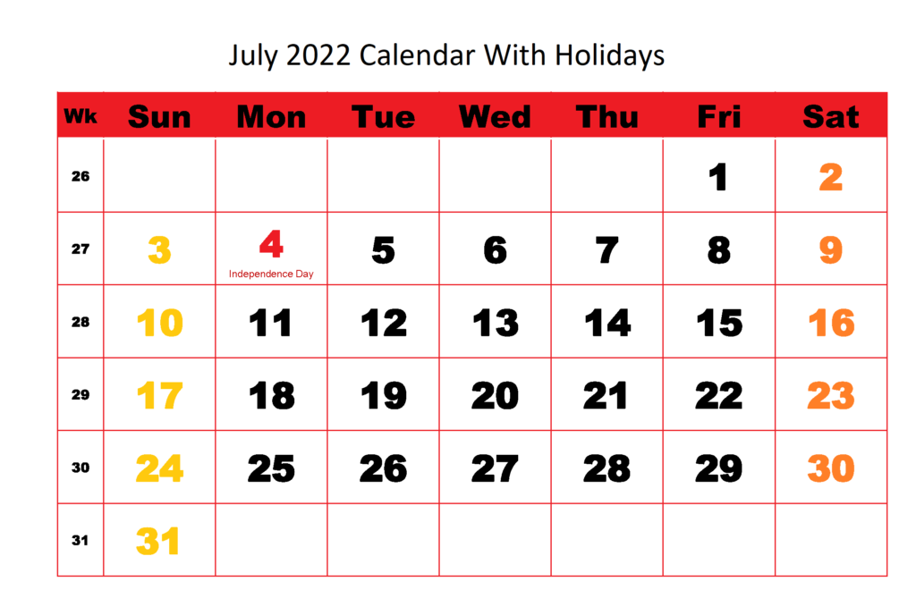 Free Printable July 2022 Calendar Template in PDF & Word