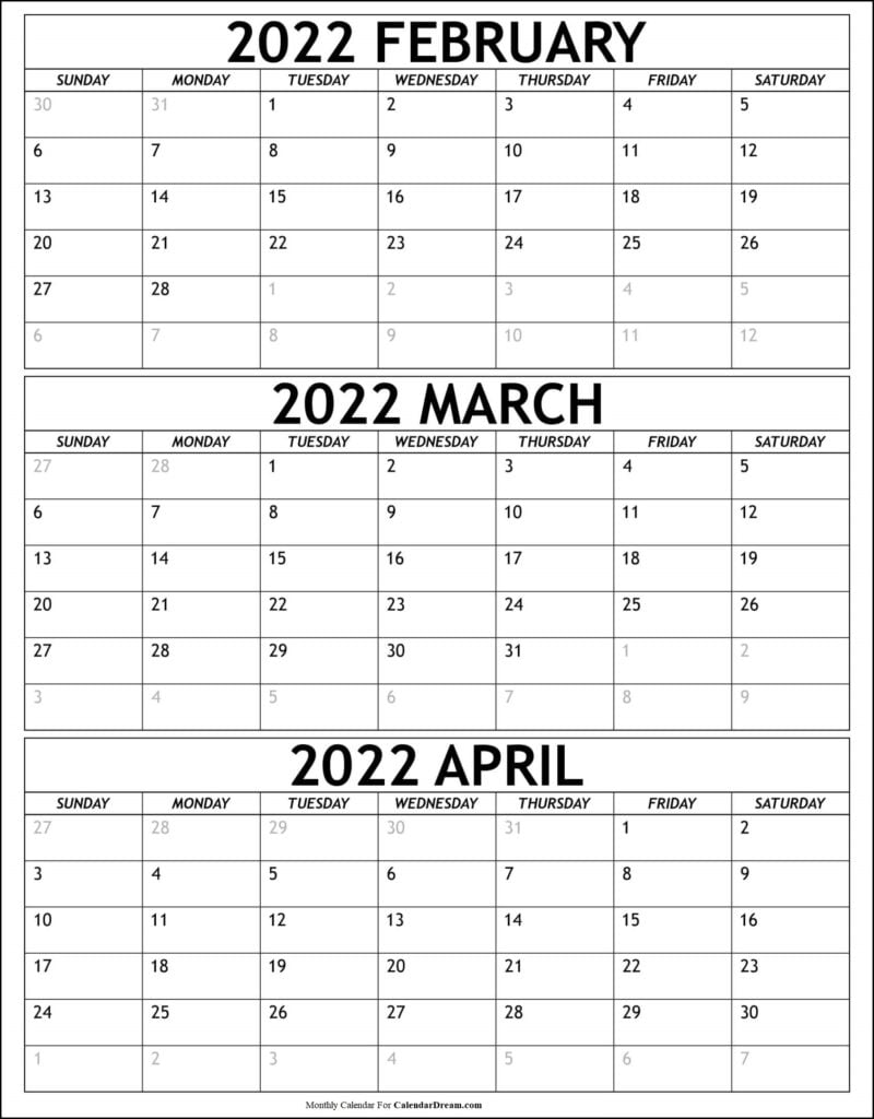 Free Printable February March and April 2022 Calendar [PDF]