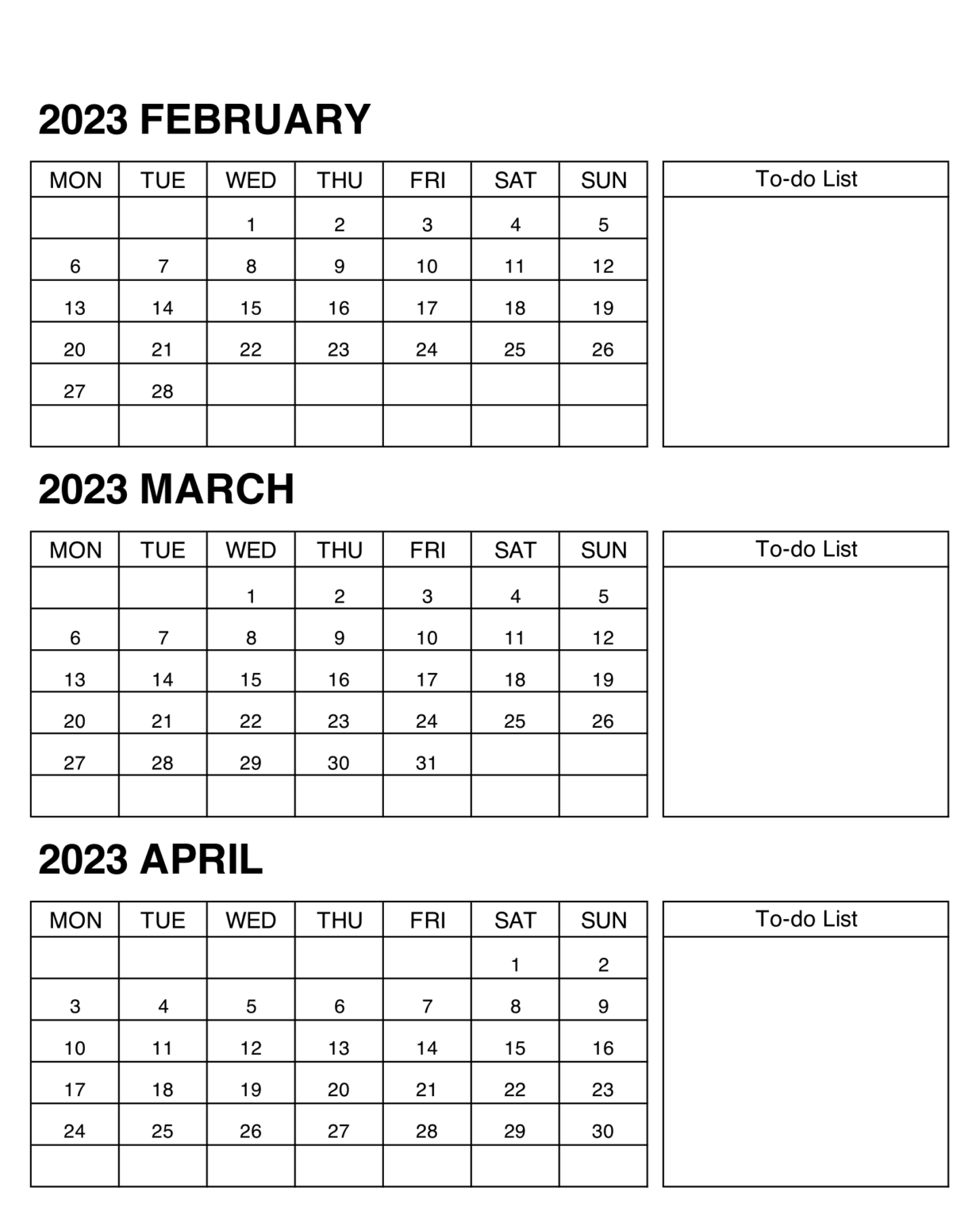 Free Printable February March and April 2023 Calendar [PDF]