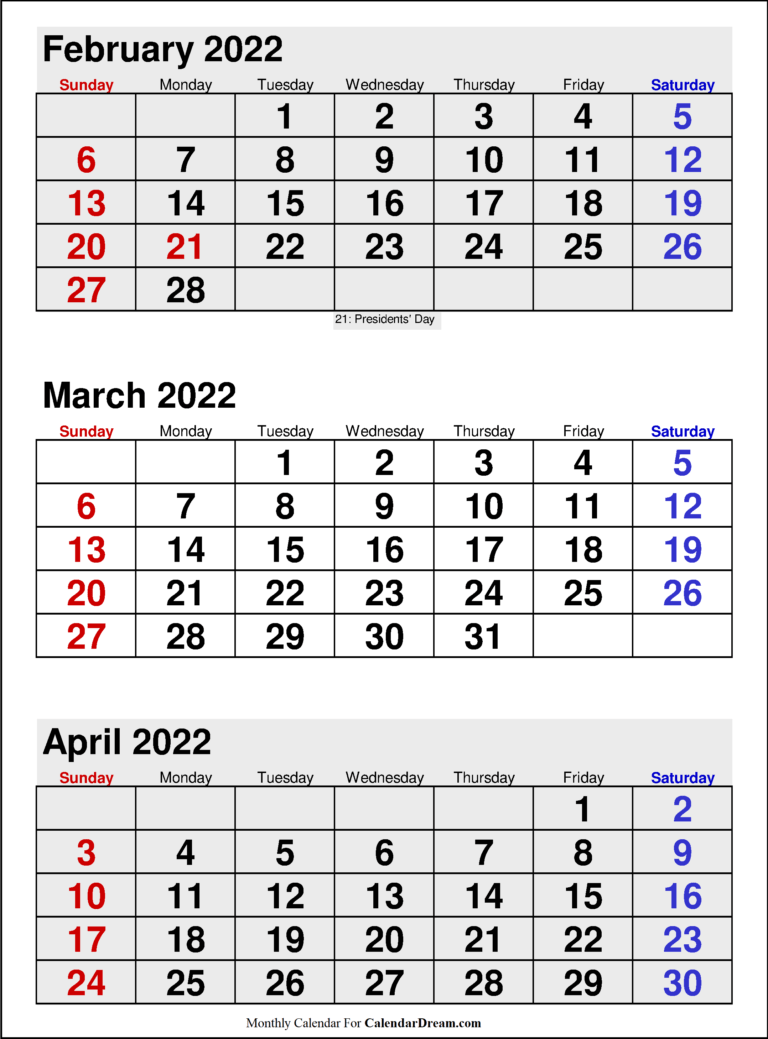 Free Printable February March and April 2022 Calendar [PDF]