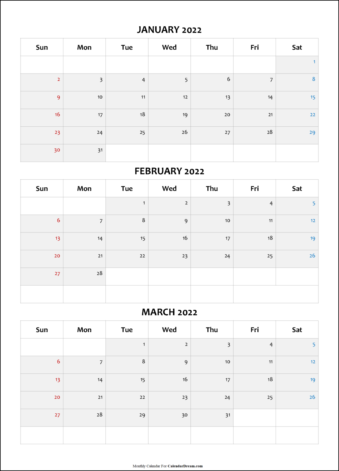 January February and March Calendar