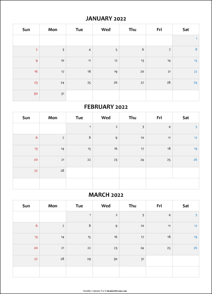 January February and March Calendar
