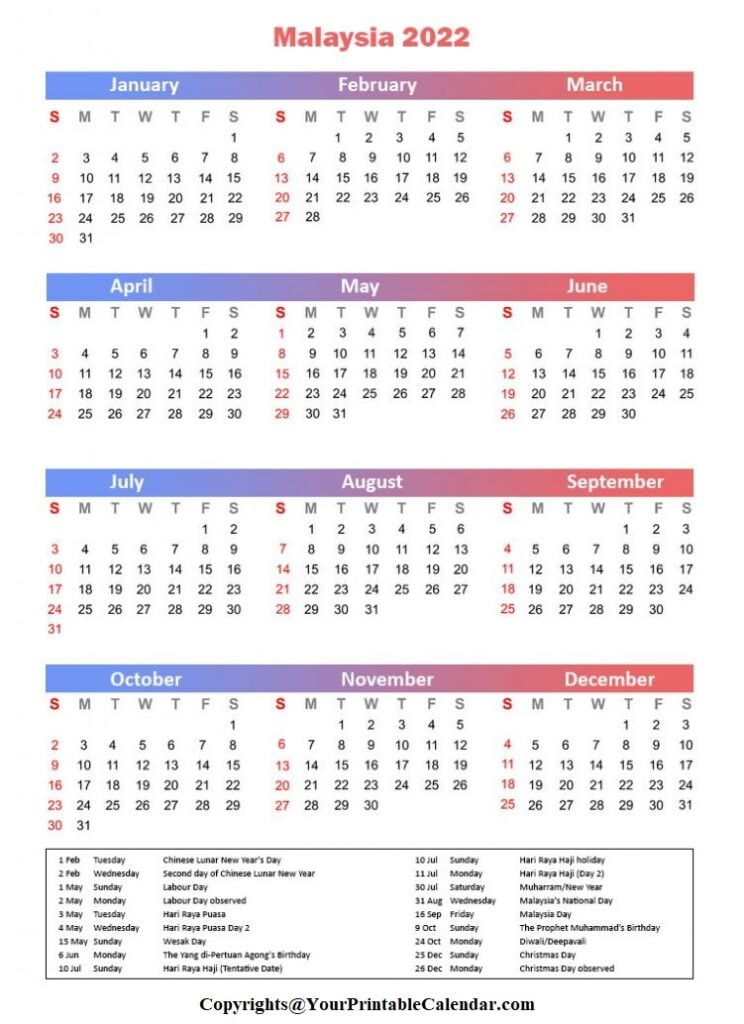 2022 Malaysia Annual Calendar With Holidays Free Printable Templates 2022 Malaysia Annual Calendar With Holidays Free Printable Templates