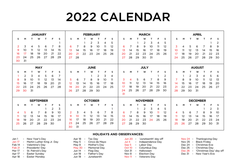 Printable Blank Yearly 2022 Calendar Template [PDF]