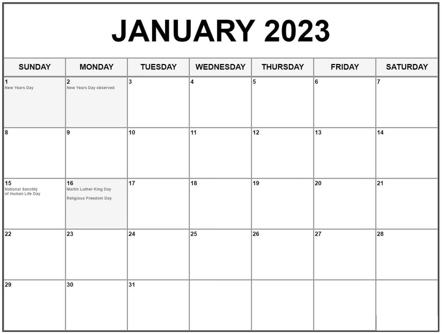 Printable Free January 2023 Calendar With Holidays [PDF]