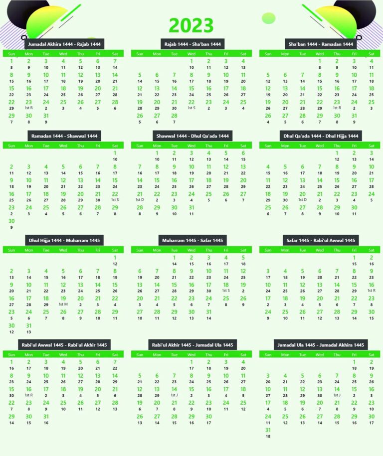 Printable Islamic 2023 Calendar In PDF | Hijri Calendar 1445