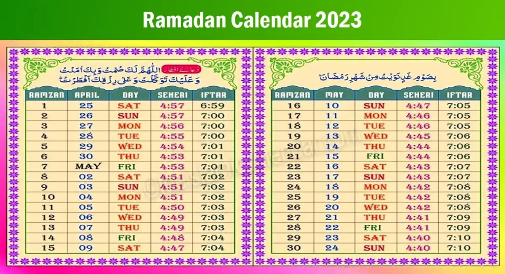 Printable Ramadan Calendar 2023 with Prayer Times [Ramzan 1445]