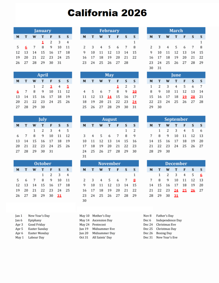 Free California 2026 Calendar Printable with Holidays [PDF]
