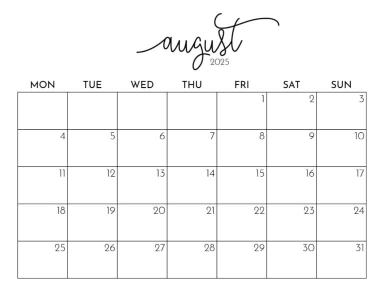 Printable Free Blank August 2025 Calendar Template [PDF]