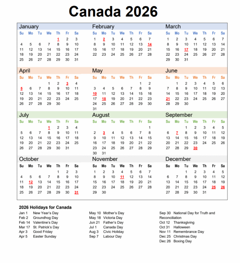 Canada 2026 Calendar