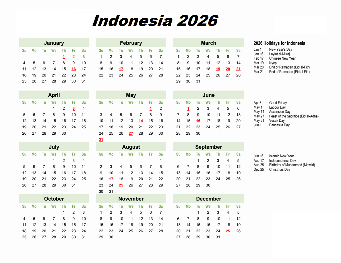 Printable Indonesia 2026 Calendar With Holidays [PDF]