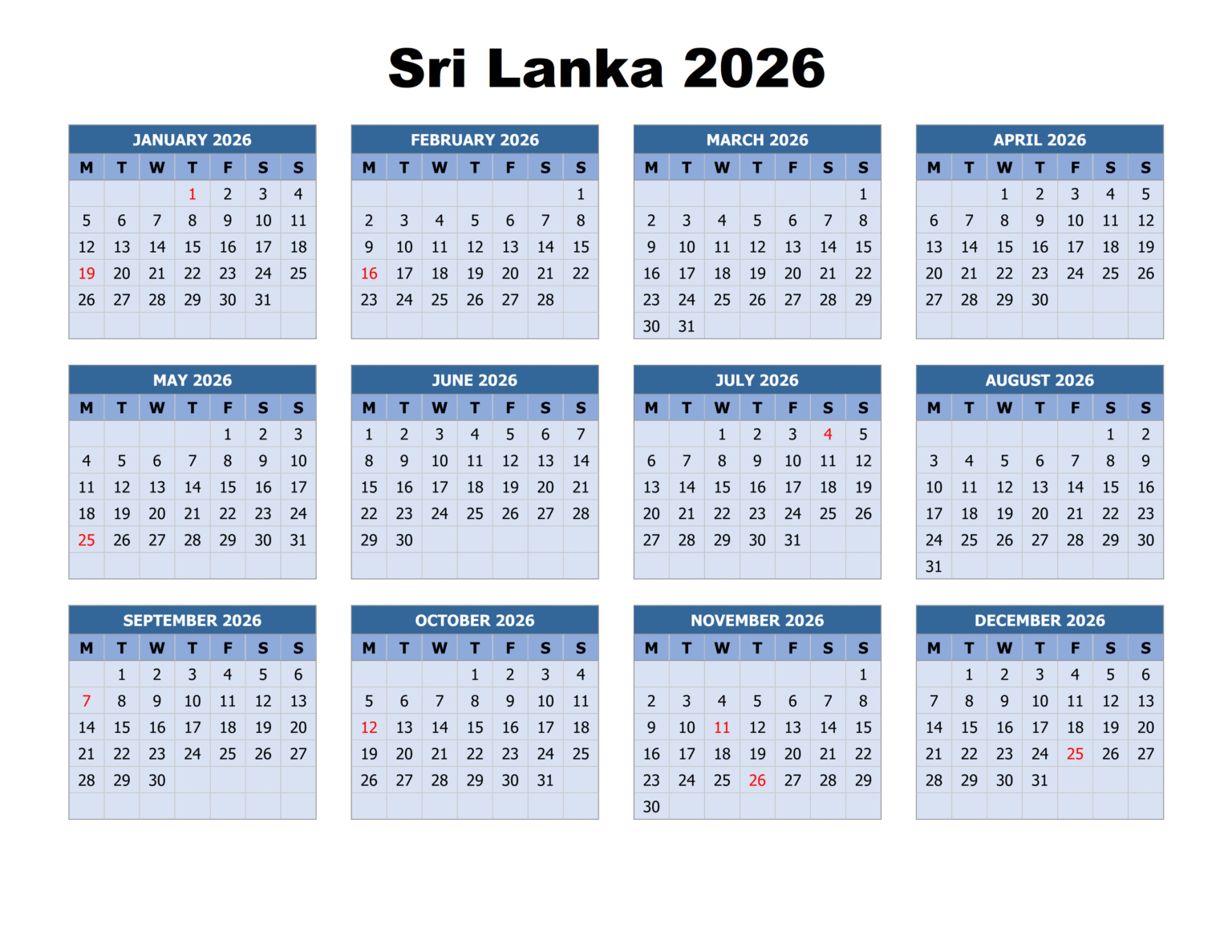 Printable Free Sri Lanka 2026 Calendar with Holidays [PDF]