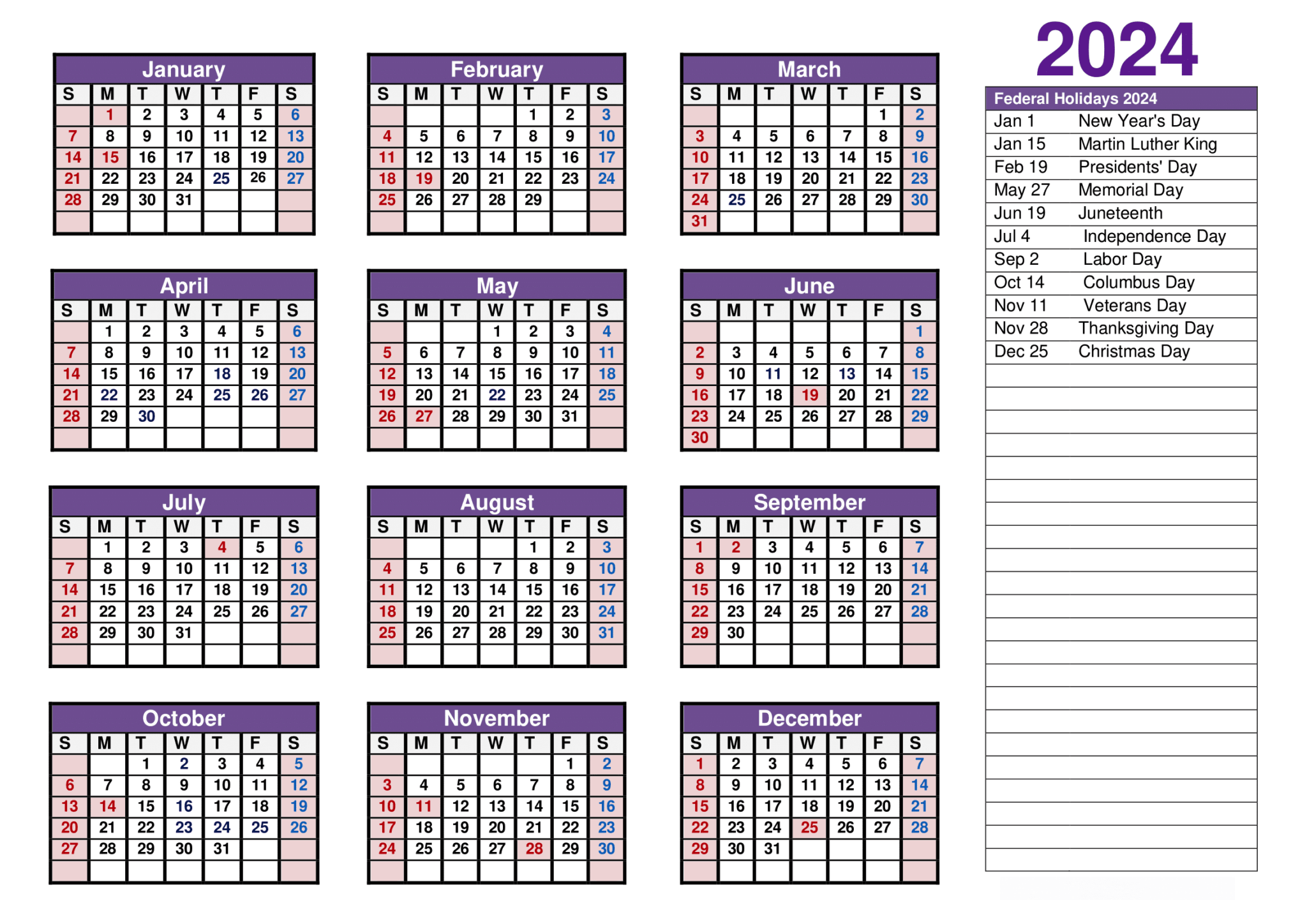 Free Printable One Page Calendar 2024 Template [PDF]
