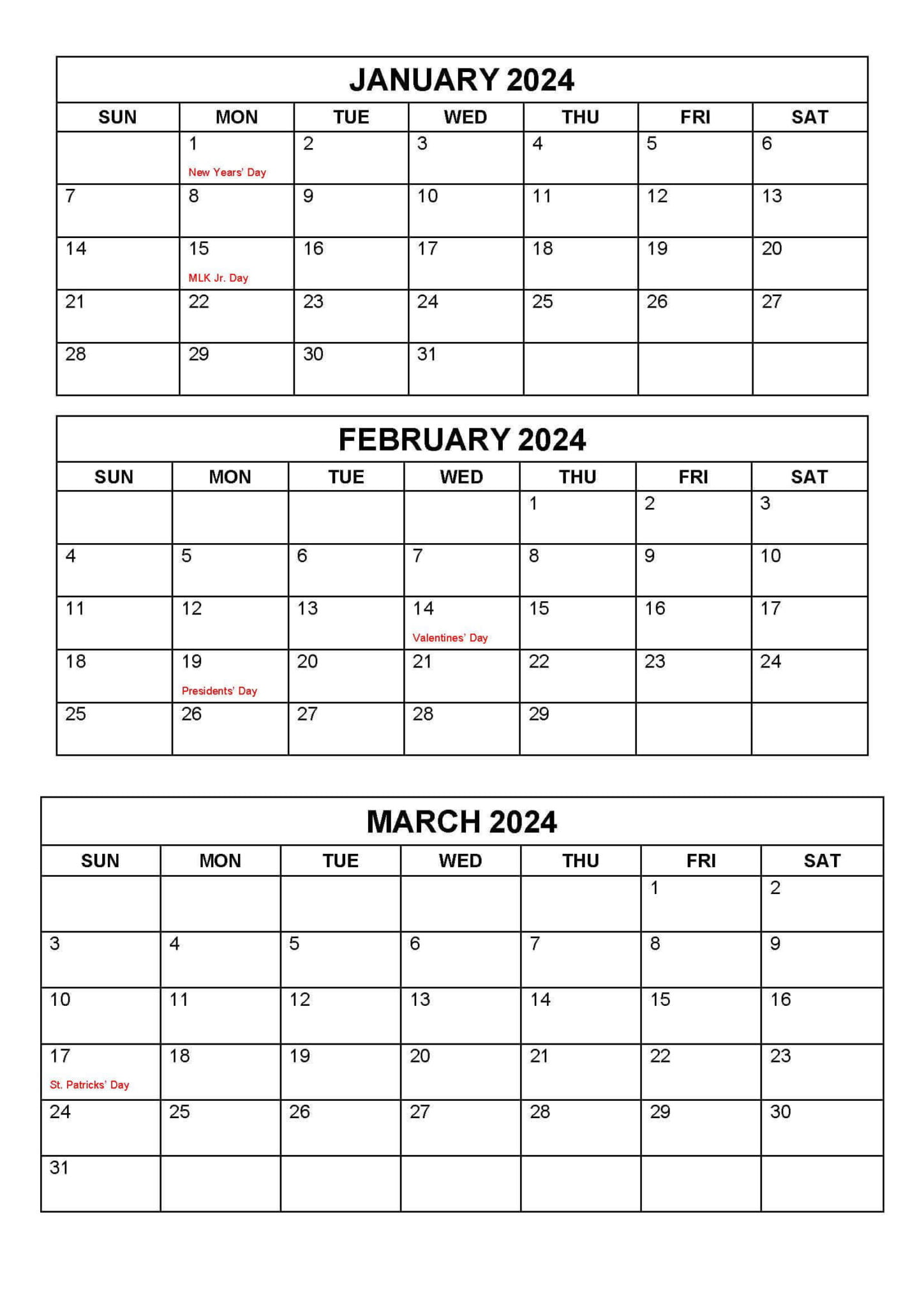 Free Printable January February and March 2024 Calendar [PDF]